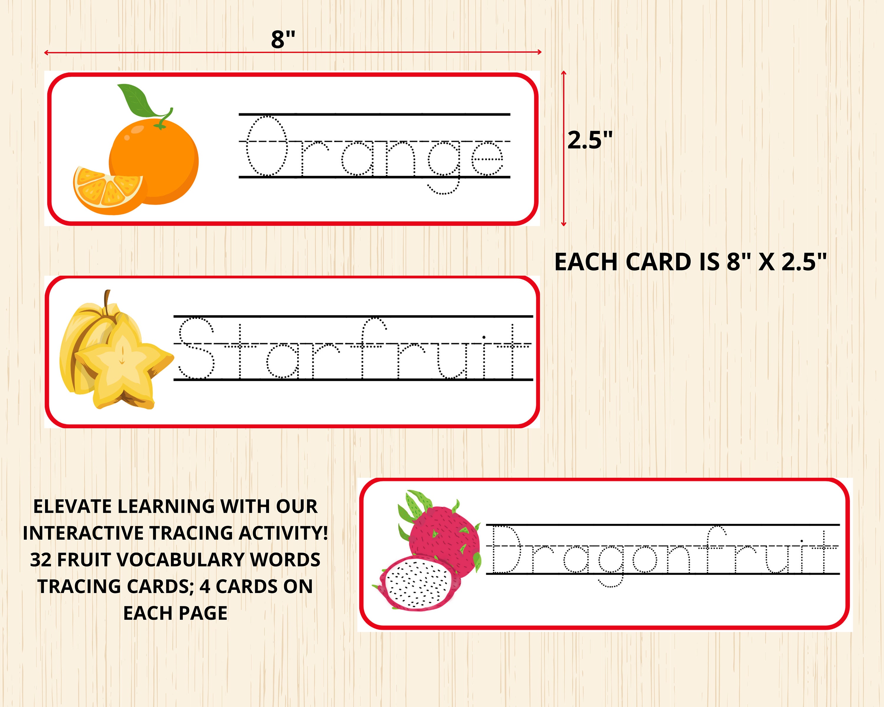 Fruit Word Tracing Cards,words Tracing Flashcards for Kids,fruits ...