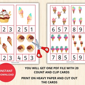 Ice Cream Count Clip Cards,numbers 1-20,preschool Math Center,counting ...