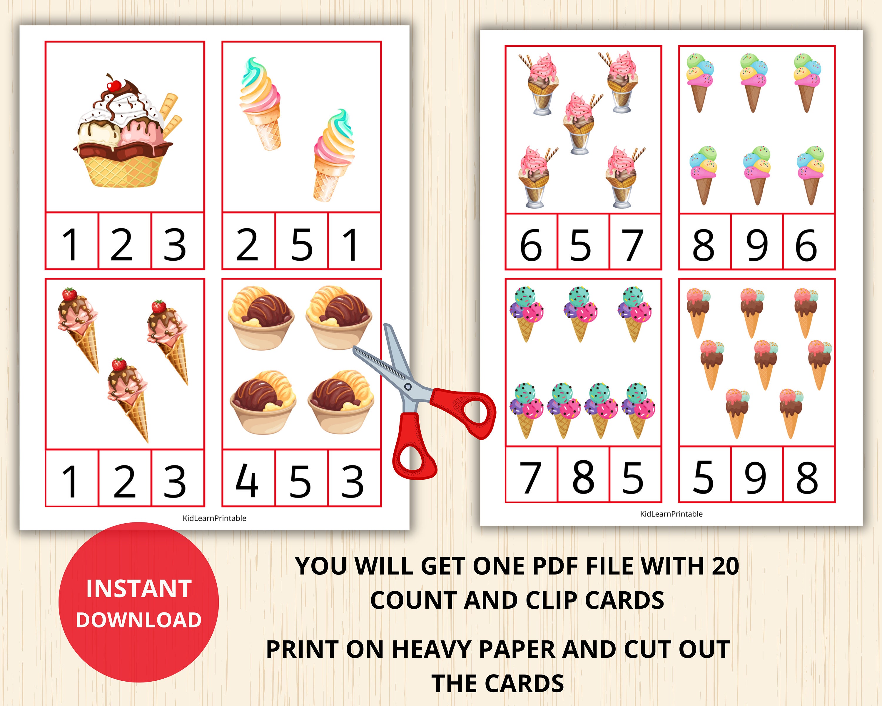 Ice Cream Count Clip Cards,numbers 1-20,preschool Math Center,counting ...