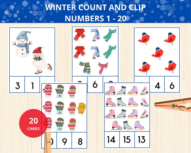 Winter Count and Clip Cards 1-20, Printable Preschool Math, Counting ...