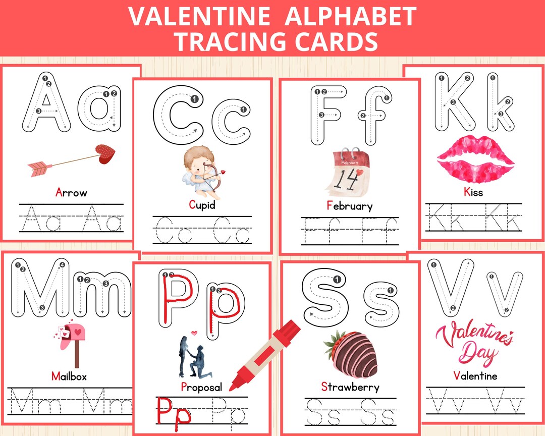 Valentine Alphabet Tracing Cards,preschool Letter Tracing,valentine's ...