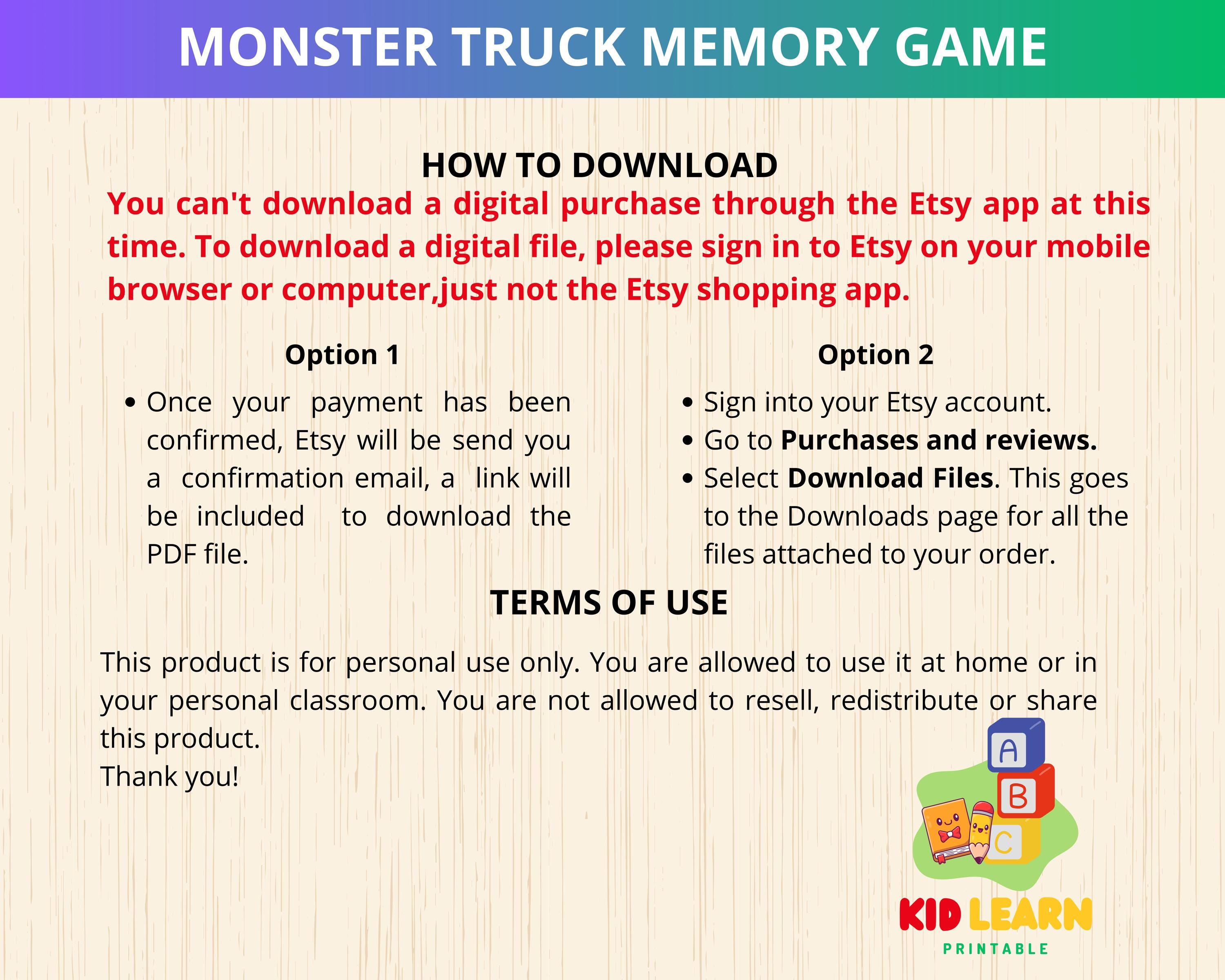 Monsters Truck Memory Game,monster Truck Matching Activity,memory Card ...