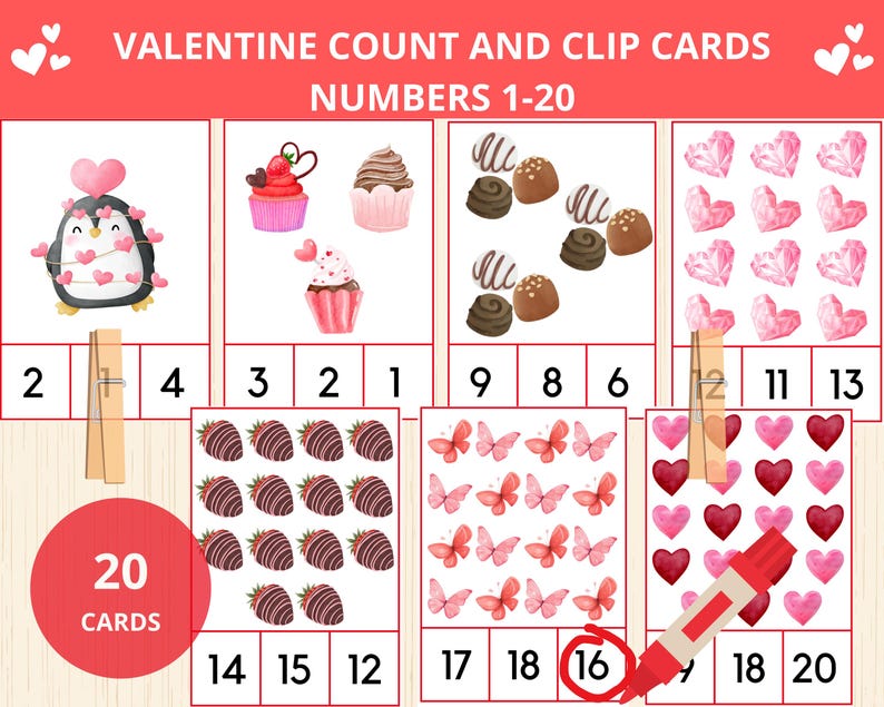 Valentine Count and Clip Cards,valentine's Day Math Activity,counting ...