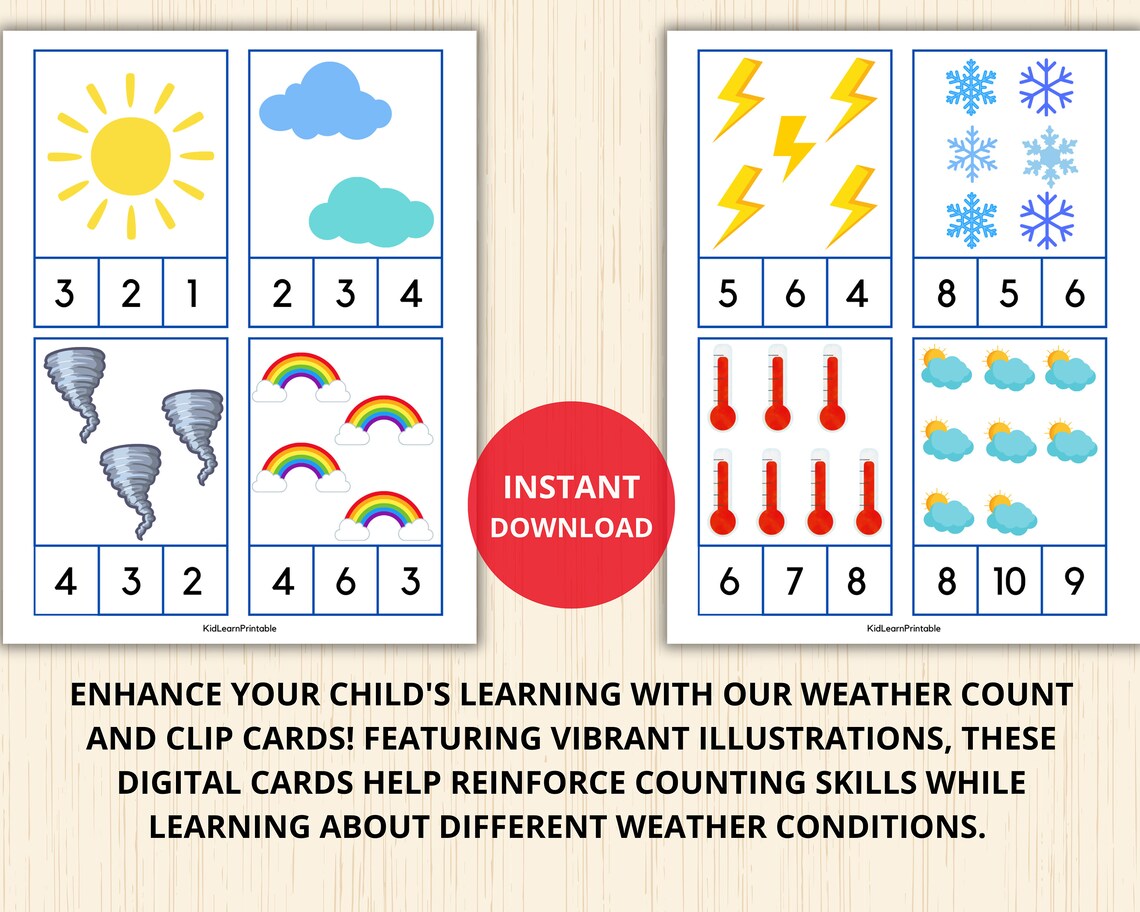 Weather Count and Clip Cards,numbers 1-10,preschool,weather Activities ...
