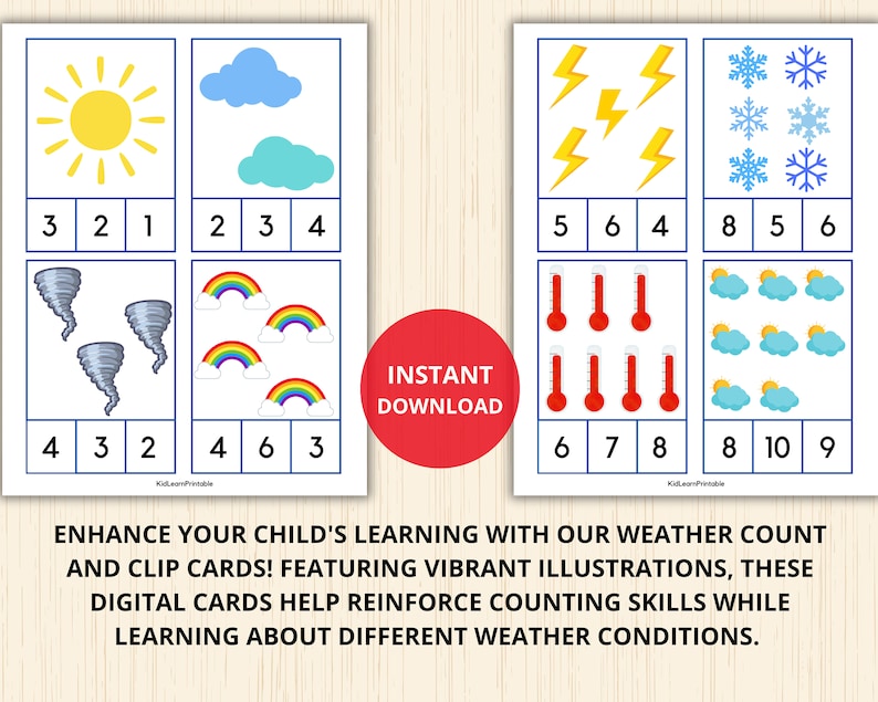 Weather Count and Clip Cards,numbers 1-10,preschool,weather Activities ...