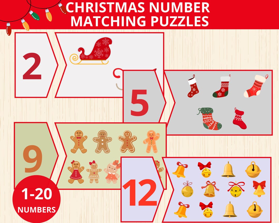Christmas Number Puzzle,numbers 1-20,christmas Numbers Sequence,holiday ...