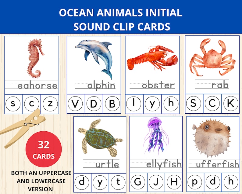 Ocean Animal Phonics Clip Cards, Beginning Sound Activity, Sea Animals ...