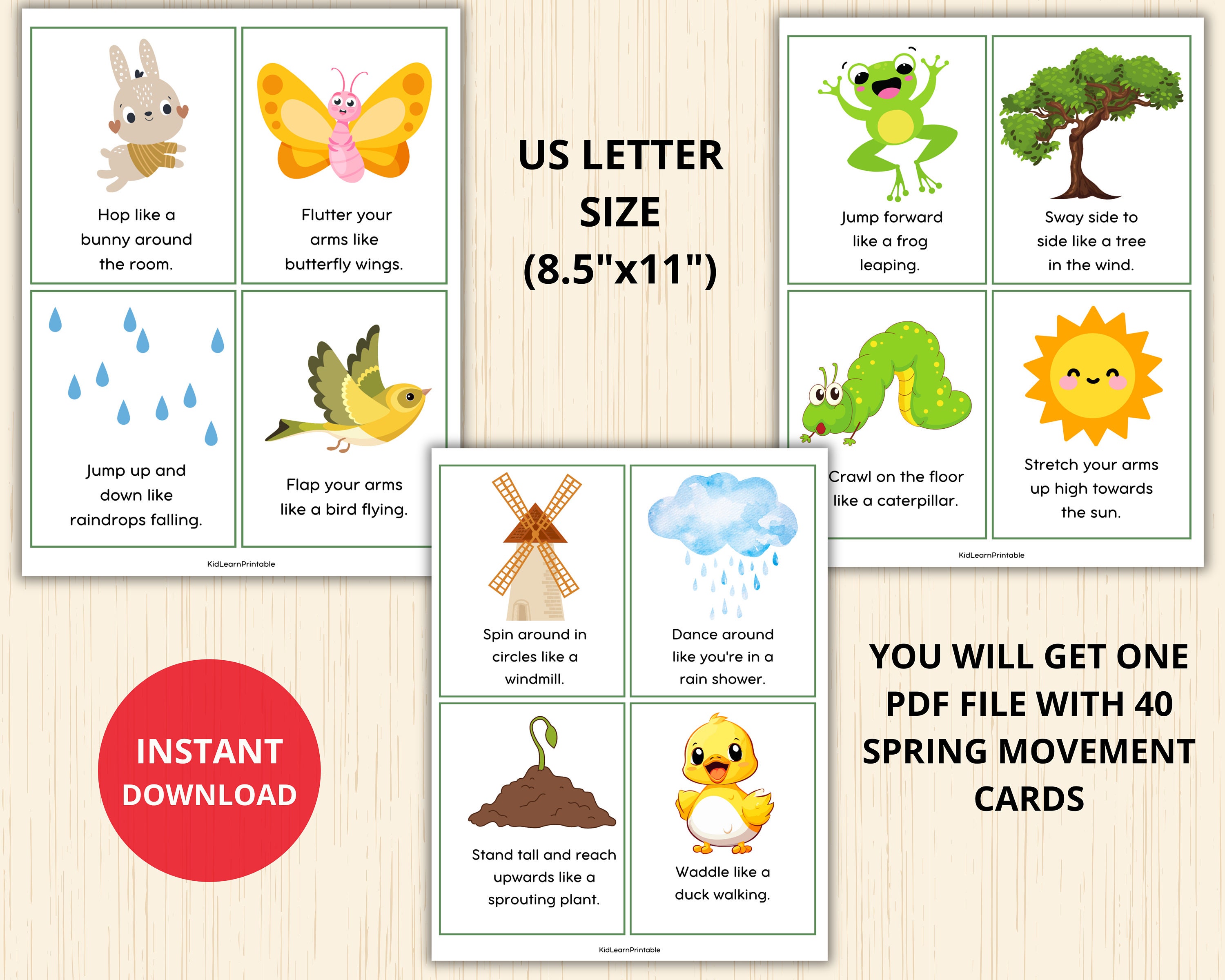 Spring Movement Cards, Kids Action Flashcards, Action Cards,montessori ...