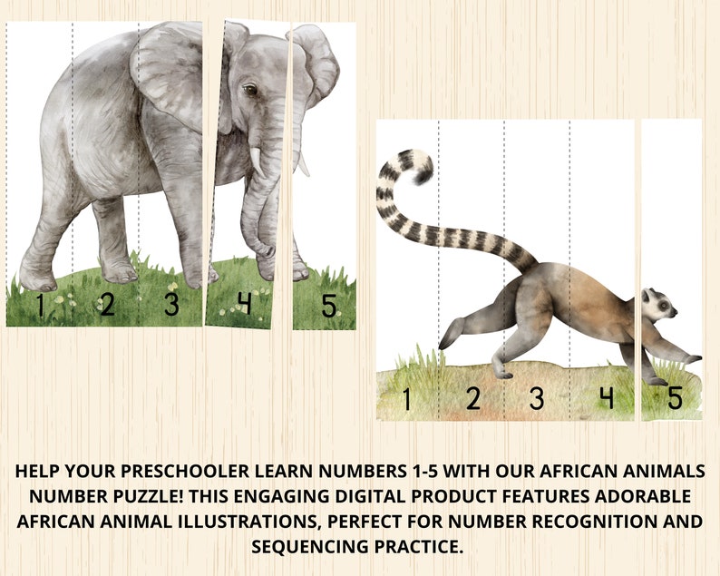 African Animal Number Sequence 1-5 Puzzles,african Animals Montessori ...