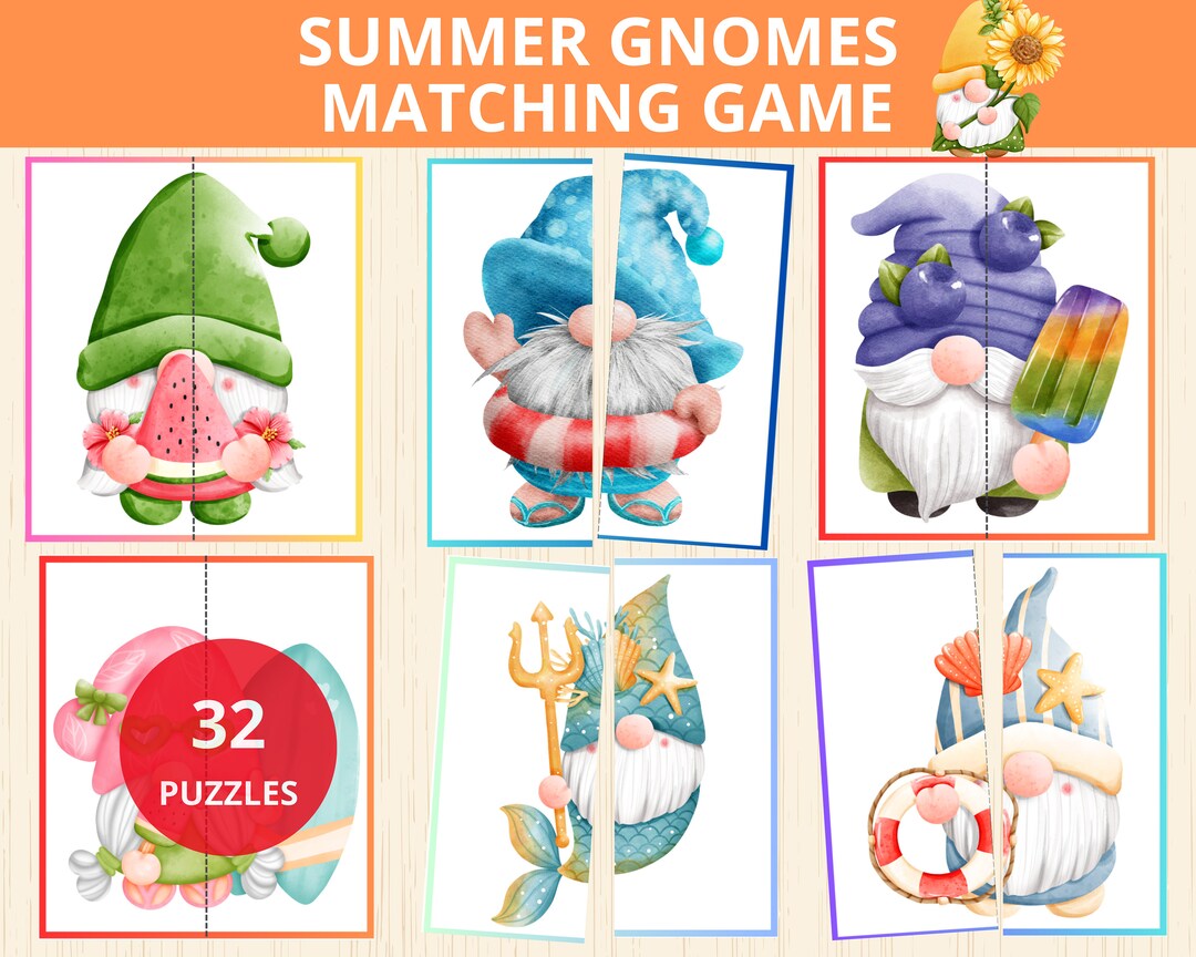 Summer Gnomes Matching Game,summer Puzzles,symmetry Puzzles,matching ...