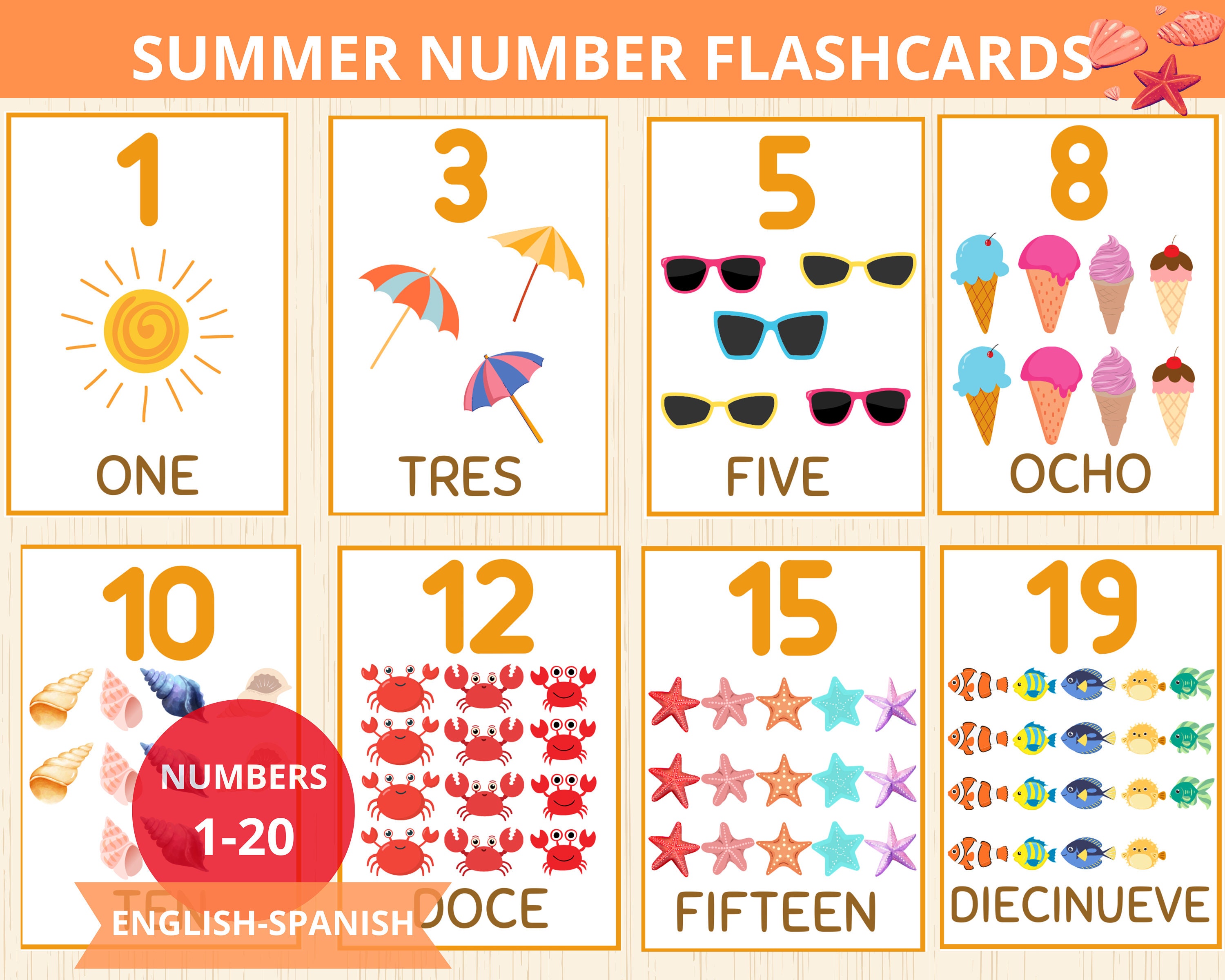 Summer Number Flashcards,numbers 1-20,numbers Bilingual Flashcards ...