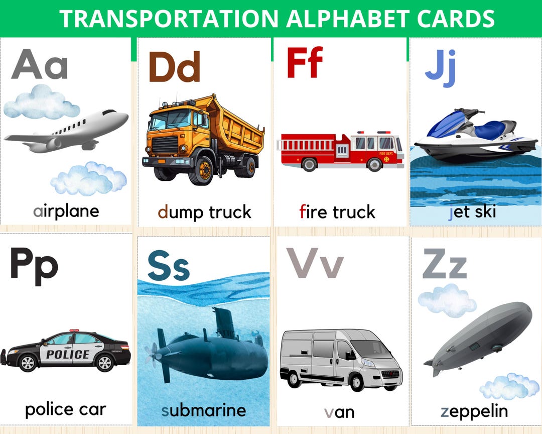Vehicles Alphabet,transportation Alphabet Flash Cards,alphabet ...