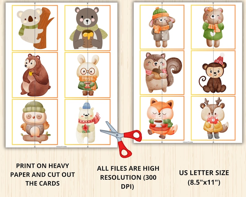 Autumn Animals Matching Game,fall Preschool Activity,matching Game for ...