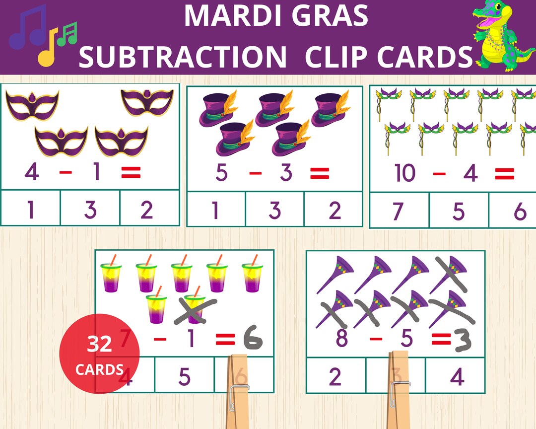 Mardi Gras Math Activities, Montessori Flashcards, Subtraction for ...
