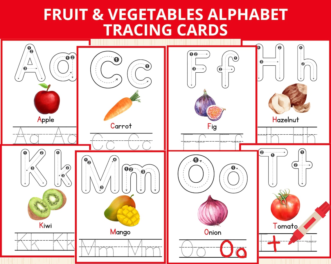 Fruit Alphabet Tracing Cards,alphabet Tracing Worksheets,fruits and ...