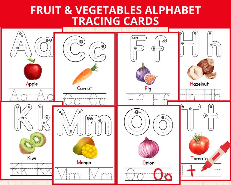 Fruit Alphabet Tracing Cards,alphabet Tracing Worksheets,fruits and ...