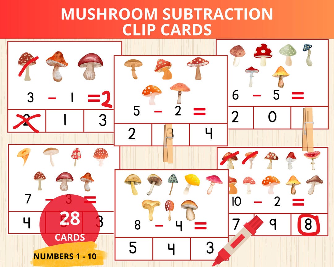 Mushroom Subtraction Clip Card,montessori Mushroom,subtraction Math ...