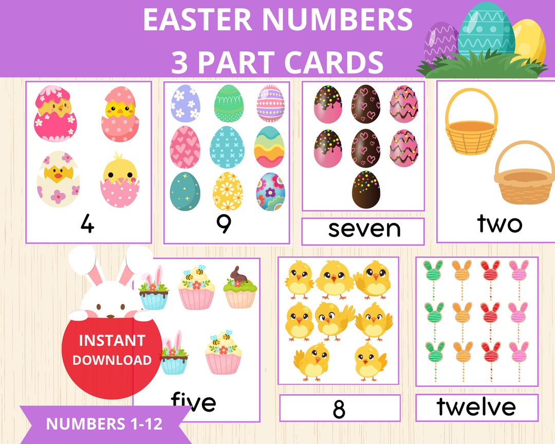 Number Flash Cards,number 3 Part Cards,easter Flashcards,easter 3 Part ...