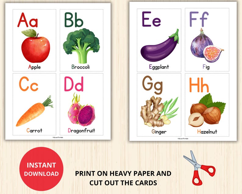 Fruit and Vegetables Alphabet Flashcards,fruit and Veggies Vocabulary ...