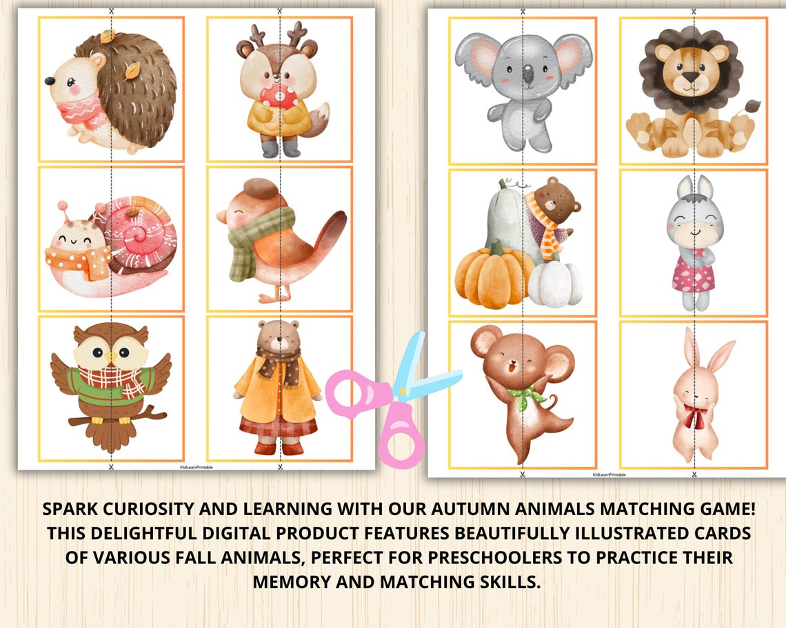 Autumn Animals Matching Game,fall Preschool Activity,matching Game for ...