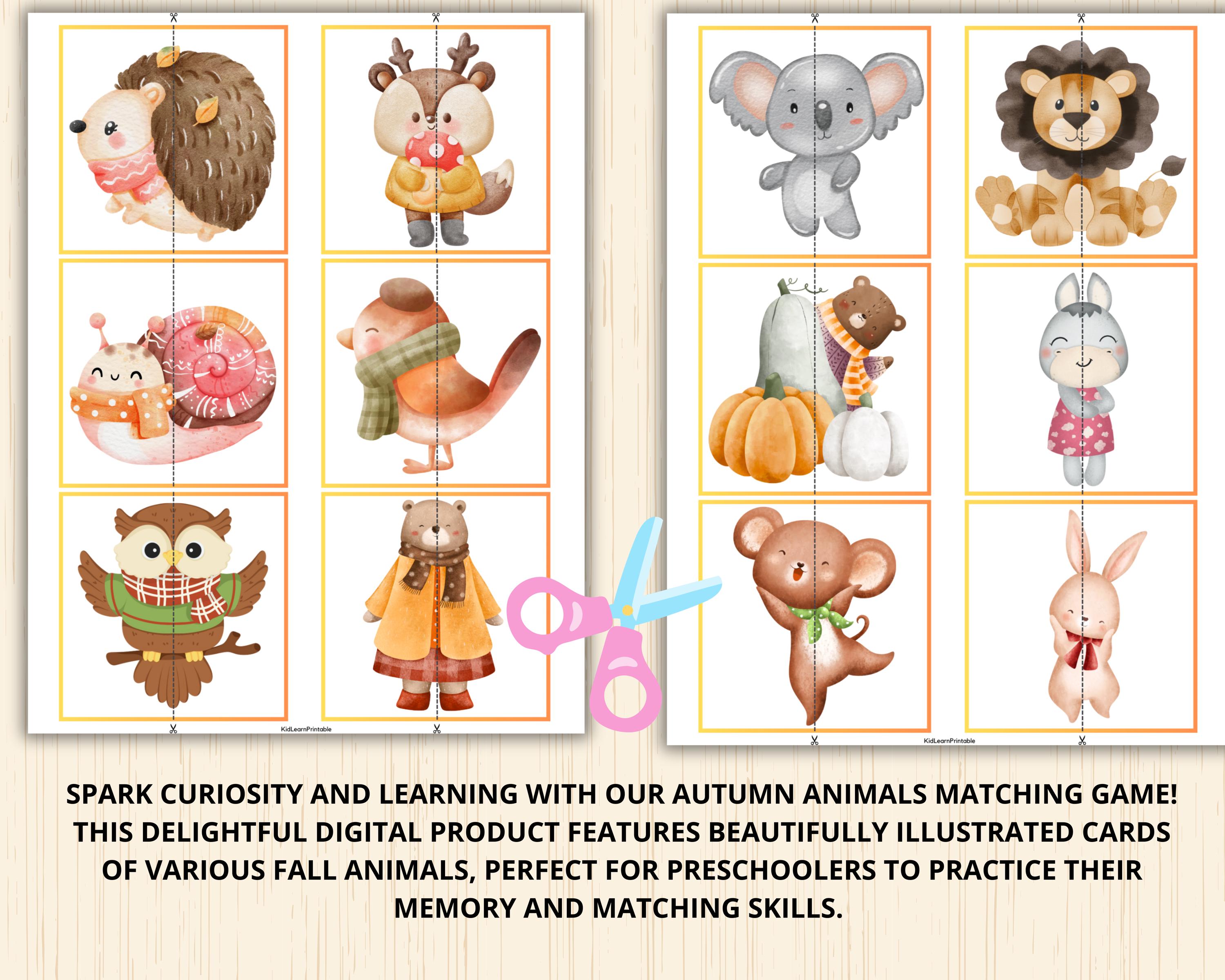 Autumn Animals Matching Game,fall Preschool Activity,matching Game for ...