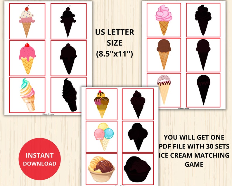 Ice Cream Shadow Matching Game,summer Matching Card,ice Cream Unit ...