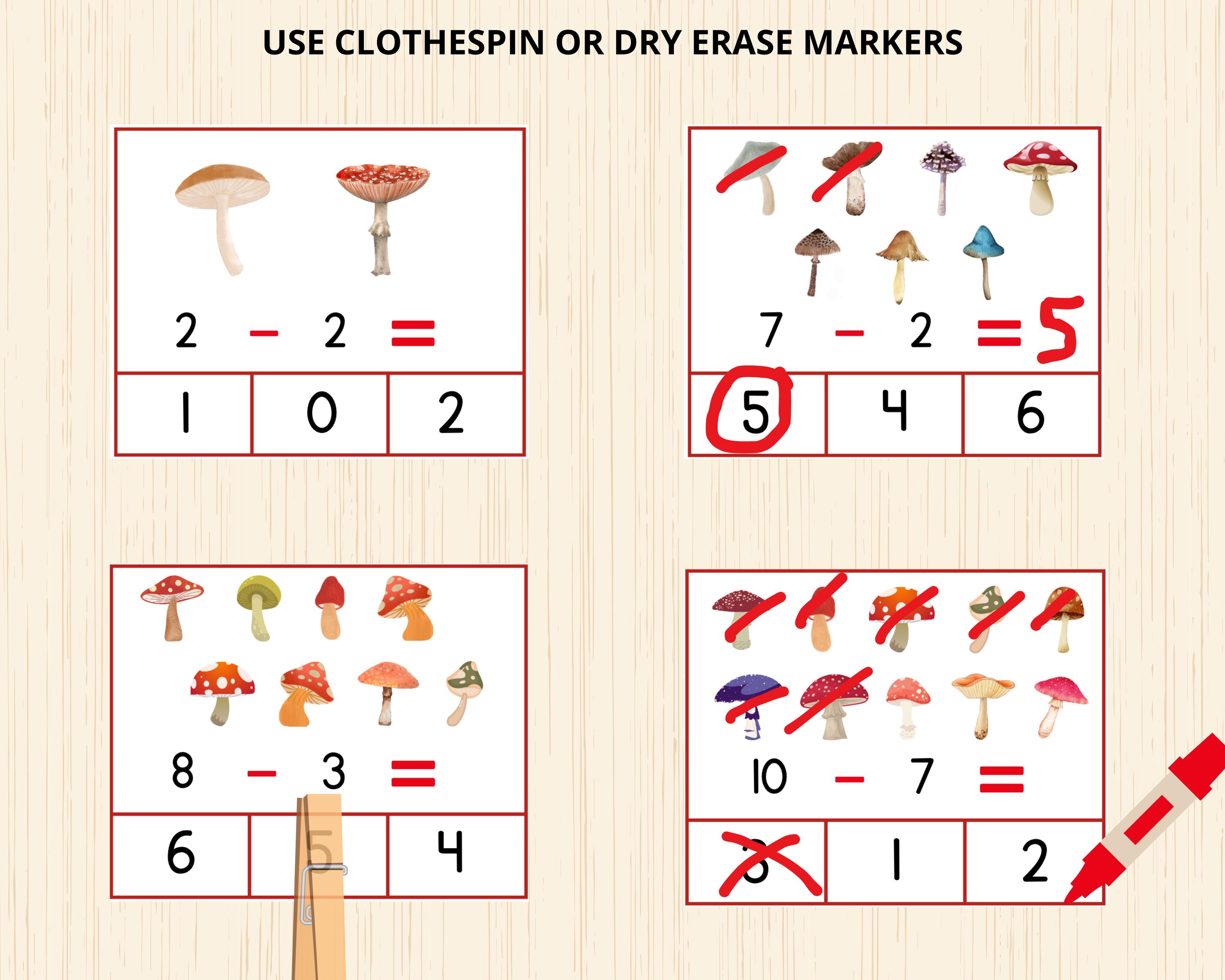 Mushroom Subtraction Clip Card,montessori Mushroom,subtraction Math ...