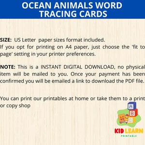 Ocean Animals Word Tracing,sea Animals Tracing,sealife Tracing,summer ...