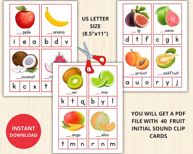 Fruit Beginning Sound Clip Cards,fruit Montessori Preschool,fruit ...