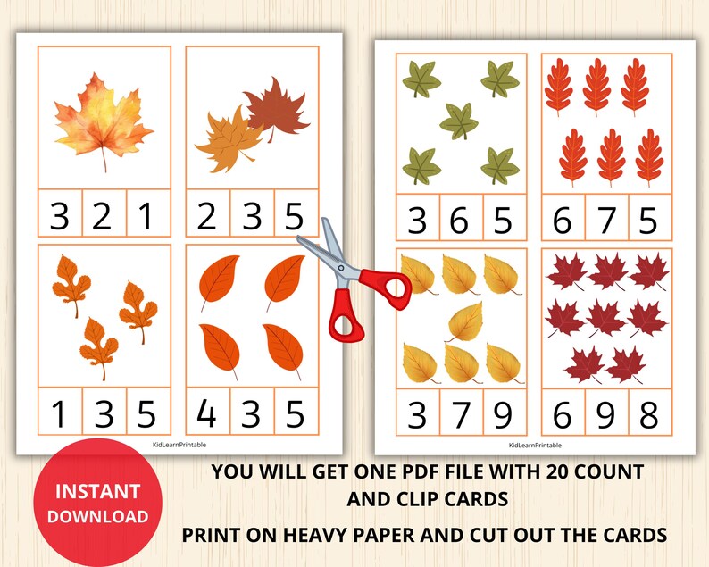 Leaf Math Activity,autumn Count and Clip Card,montessori Fall,autumn ...