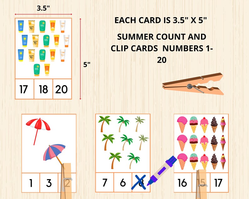 Summer Count and Clip Cards,numbers 1-20,preschool Math,kindergarten ...