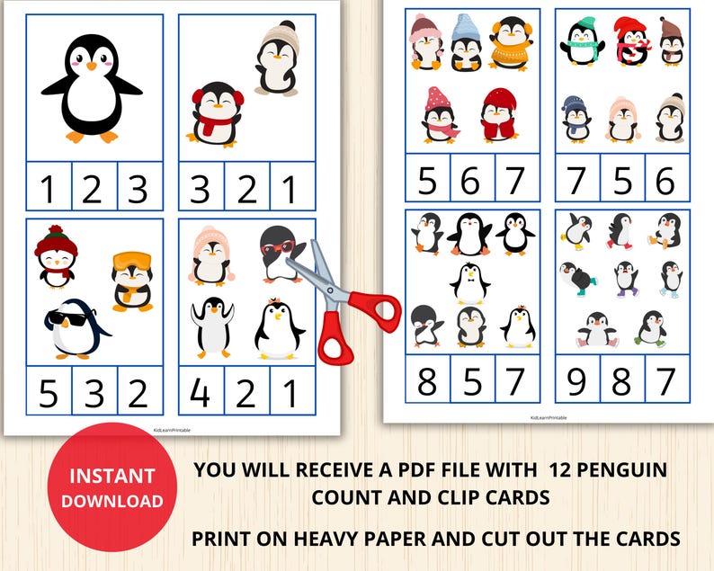 Penguin Count and Clip Cards,numbers 1-10,winter Counting Cards,winter ...