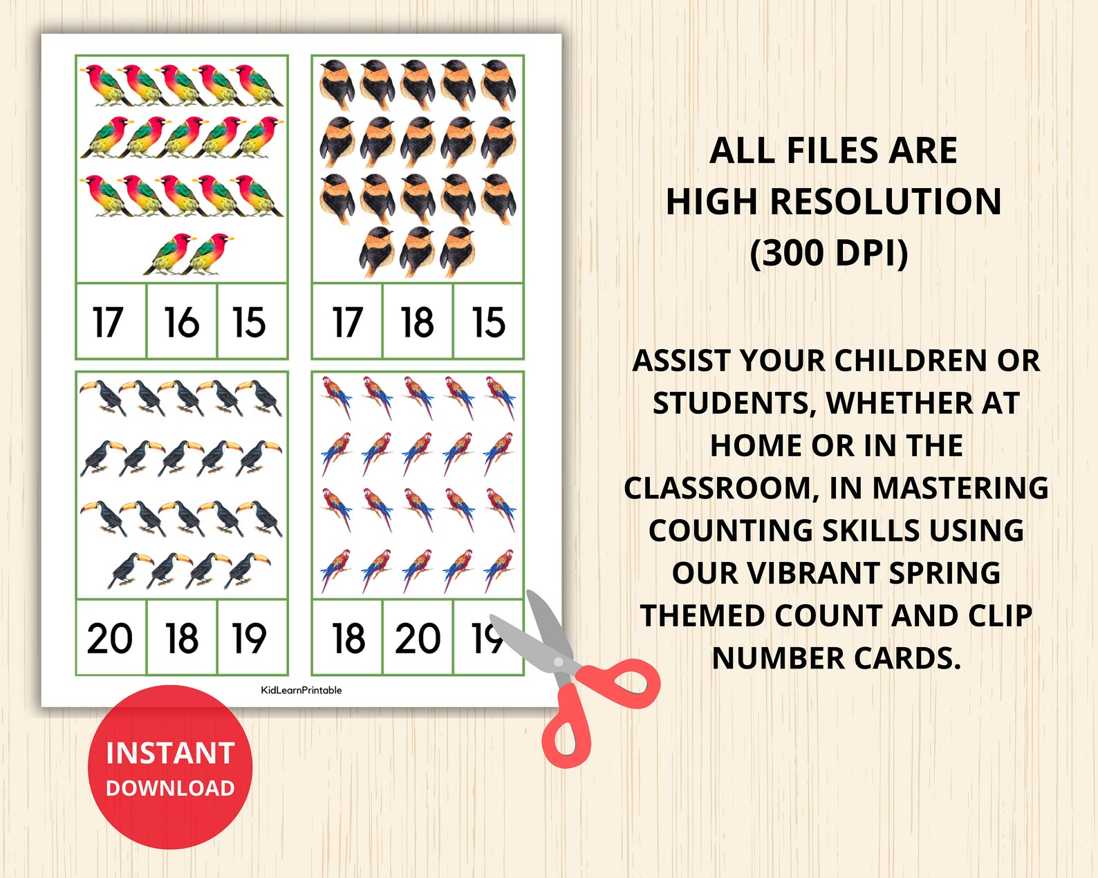 Birds Count and Clip Cards,numbers 1-20, Birds Flashcards,bird Activity ...