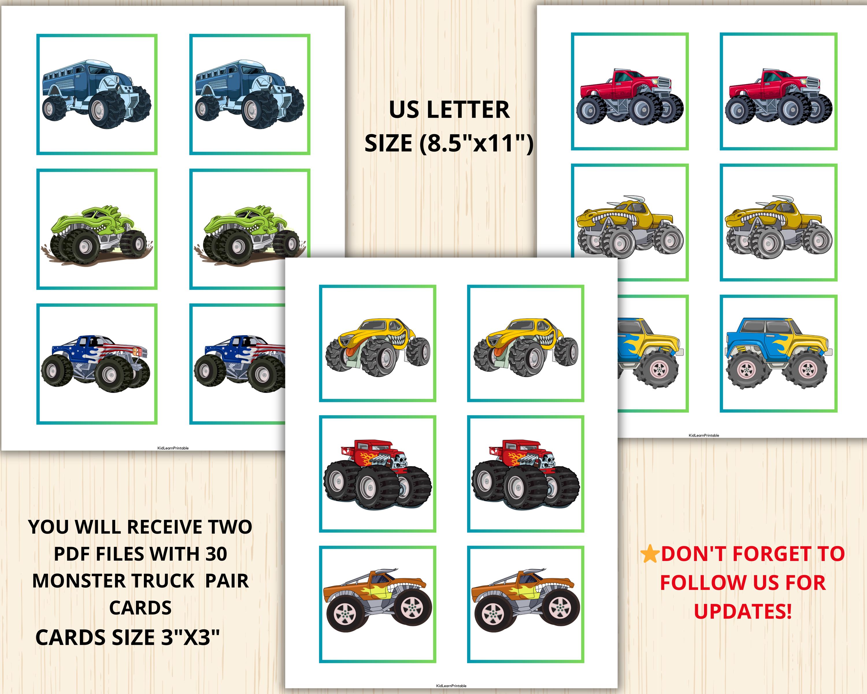 Monsters Truck Memory Game,monster Truck Matching Activity,memory Card ...