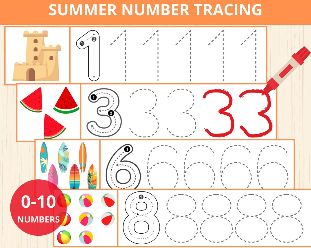 Summer Number Tracing,handwriting Practice,writing Skills,tracing ...