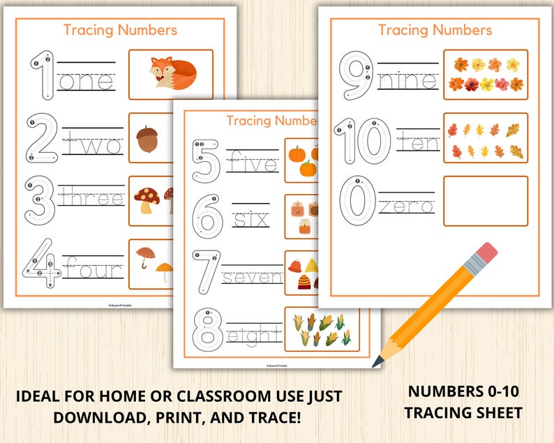 Fall Number Tracing Worksheets,autumn Numbers Writing Practice ...