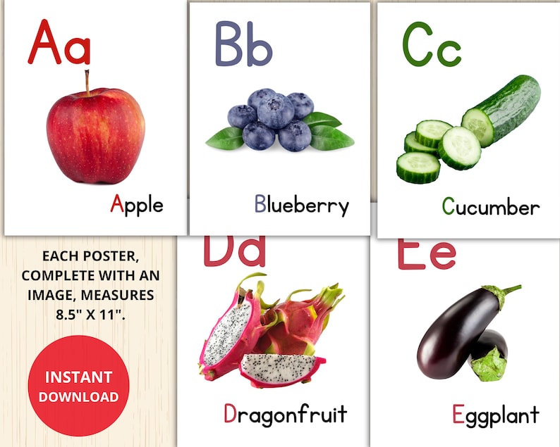 Fruit and Vegetables Alphabet Poster,fruit Flashcards,veggies A to Z ...