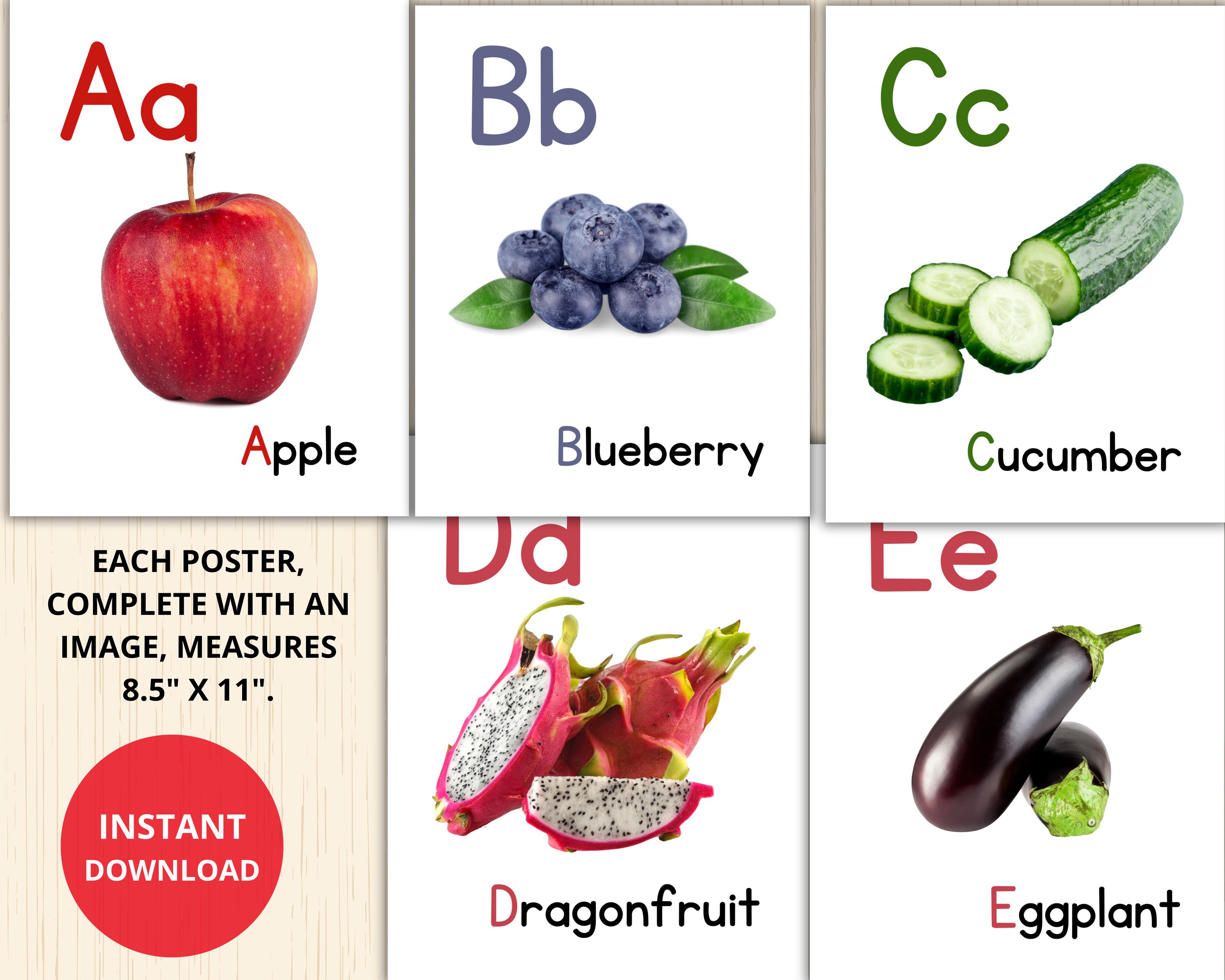 Fruit and Vegetables Alphabet Poster,fruit Flashcards,veggies A to Z ...