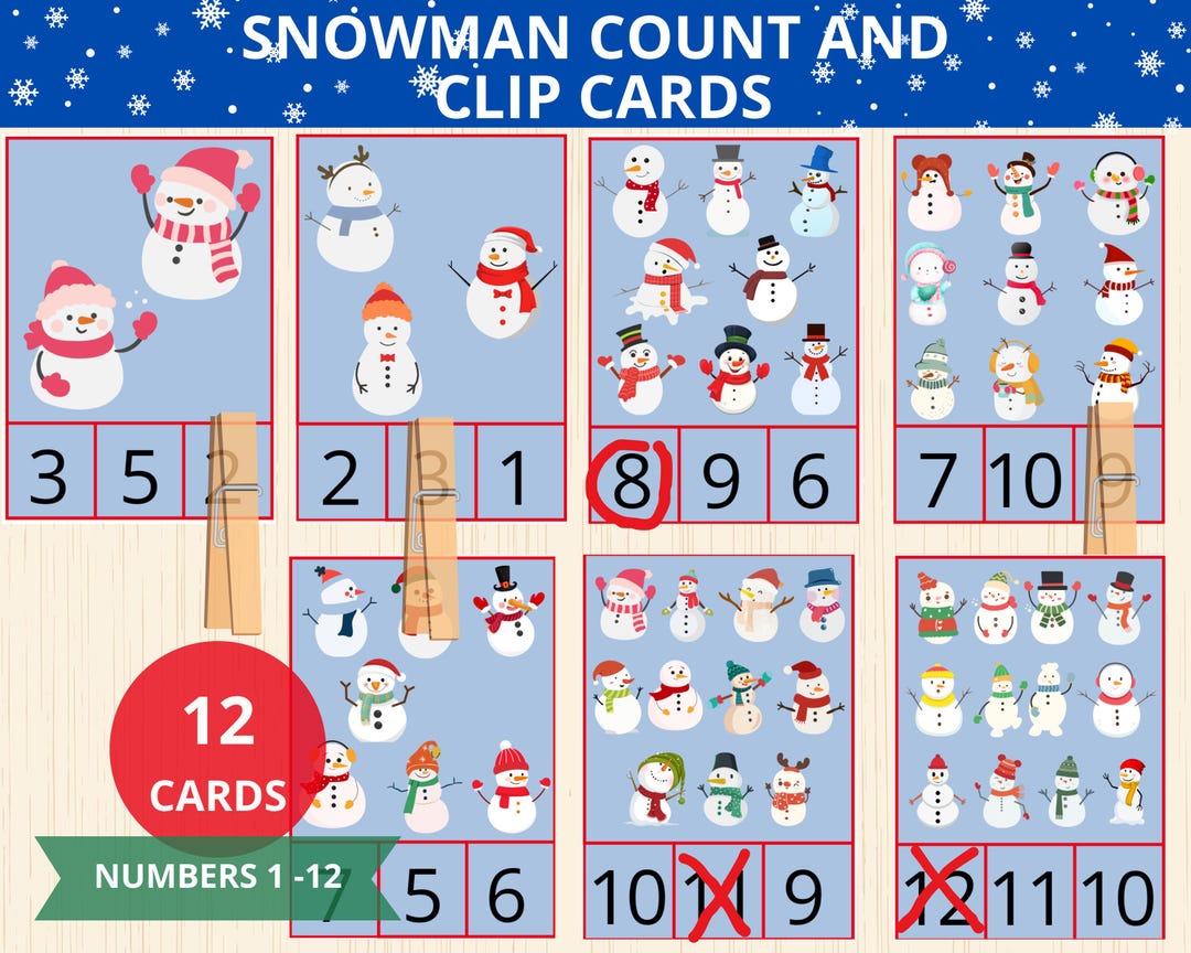 Snowman Count and Clip Cards,counting Snowman Cards,montessori Cards ...