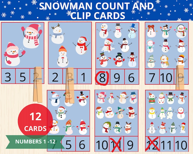 Snowman Count and Clip Cards,counting Snowman Cards,montessori Cards ...