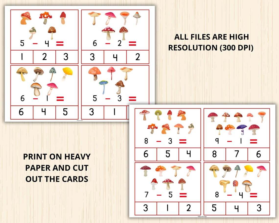 Mushroom Subtraction Clip Card,montessori Mushroom,subtraction Math ...