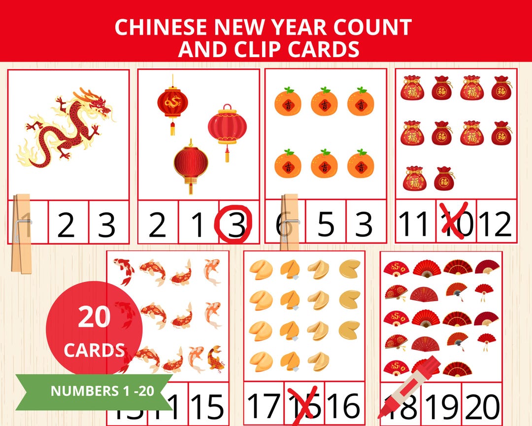 Chinese New Year Count and Clip Cards,cny Math Center,lunar New Year ...