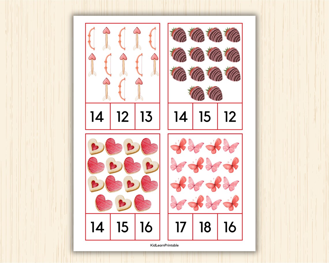 Valentine Count and Clip Cards,valentine's Day, Preschool Activity ...