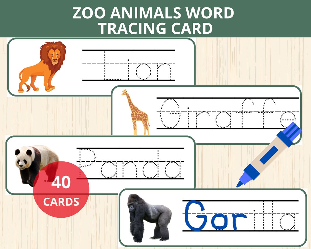 Zoo Animals Word Tracing Cards,zoo Animals Words Tracing,zoo Montessori ...