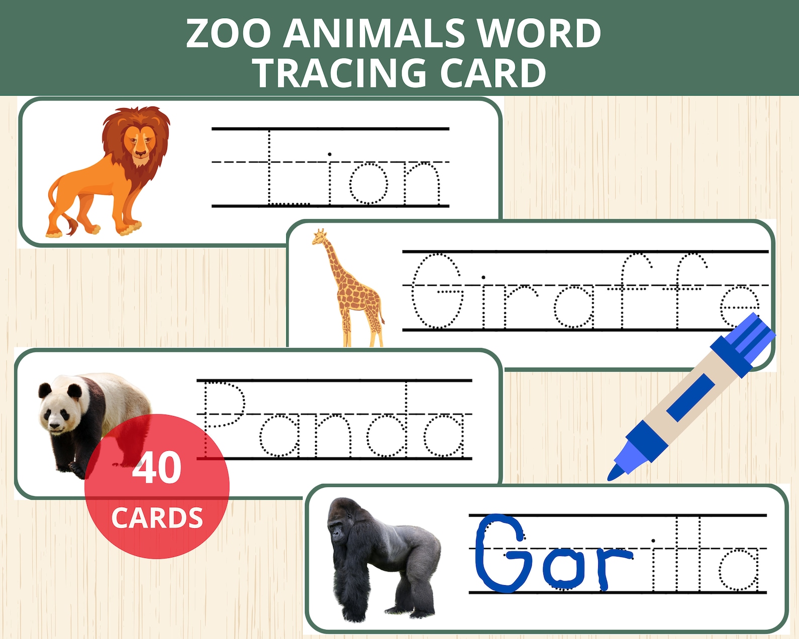 Zoo Animals Word Tracing Cards,zoo Animals Words Tracing,zoo Montessori ...
