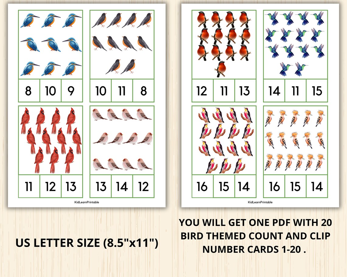 Birds Count and Clip Cards,numbers 1-20, Birds Flashcards,bird Activity ...