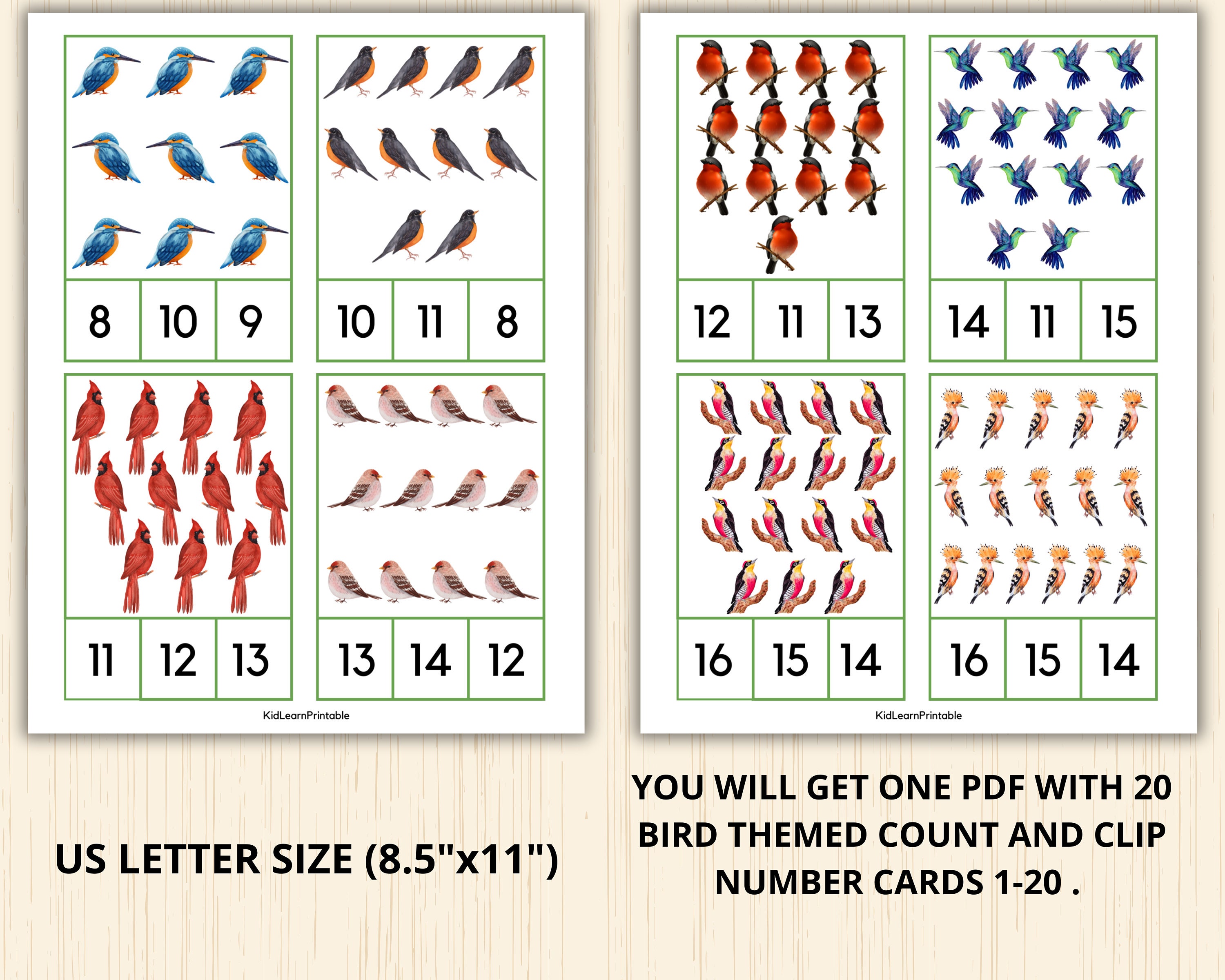 Birds Count and Clip Cards,numbers 1-20, Birds Flashcards,bird Activity ...