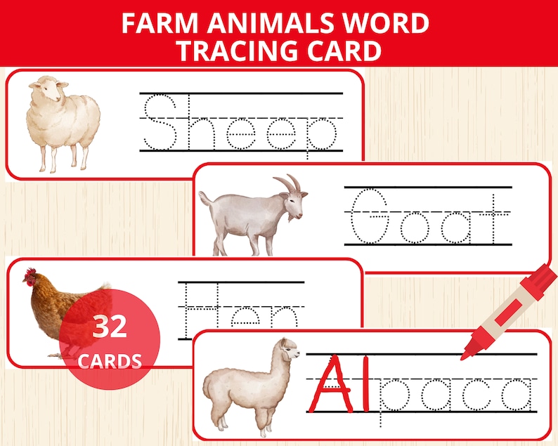 Farm Animals Word Tracing Cards,farm Words Tracing,farm Montessori,farm ...