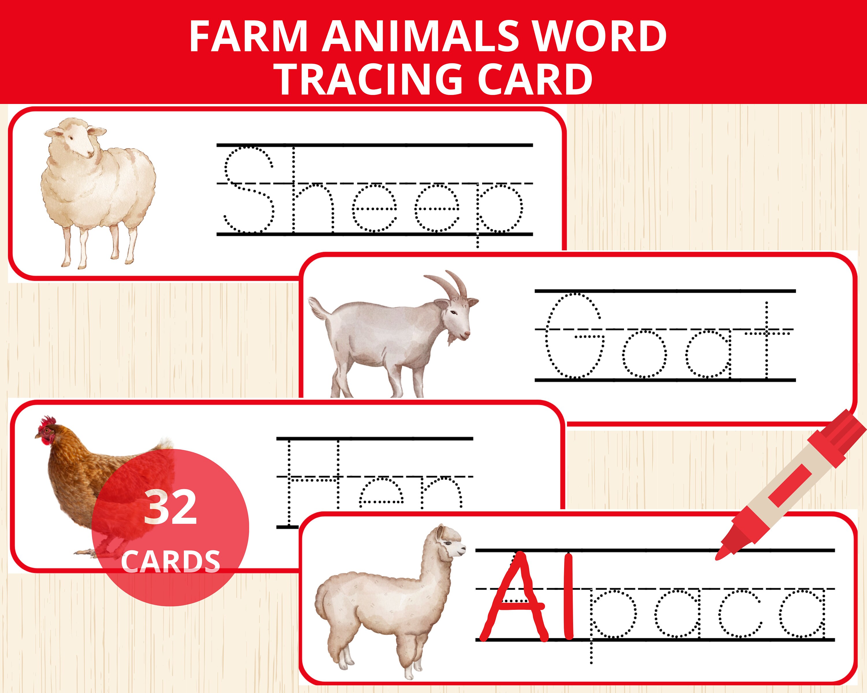 Farm Animals Word Tracing Cards,farm Words Tracing,farm Montessori,farm ...