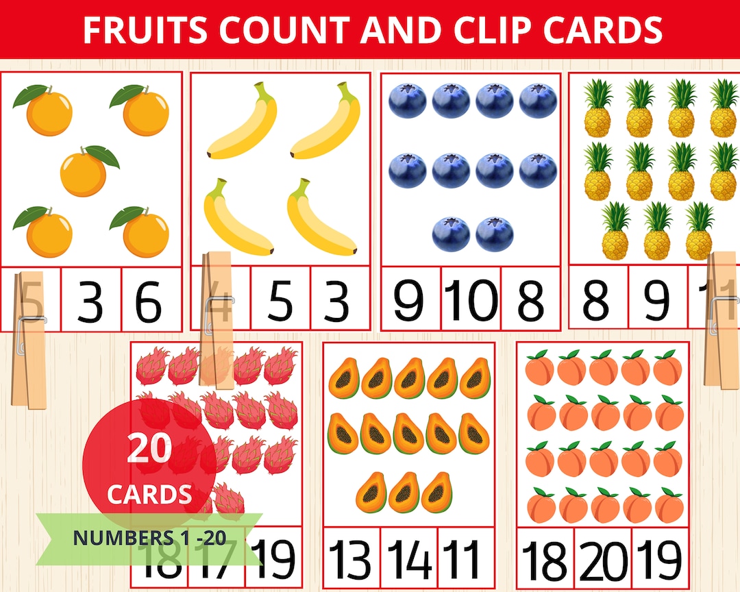 Fruit Count and Clip Cards,numbers 1-20,preschool Math,kindergarten ...
